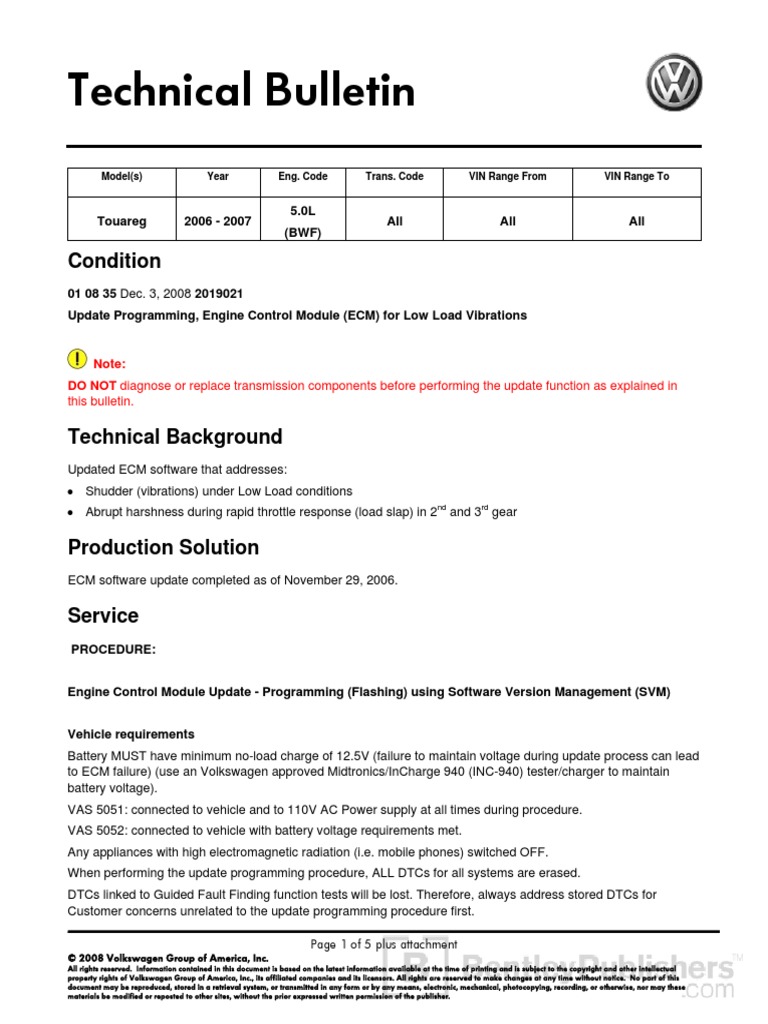 VW - tb.01!08!35 Update Programming, Engine Control Module (ECM) For ...