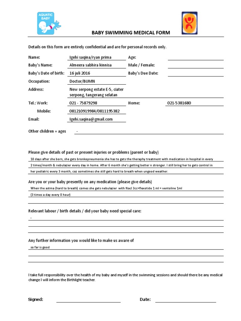 Baby Swimming Medical Form | PDF
