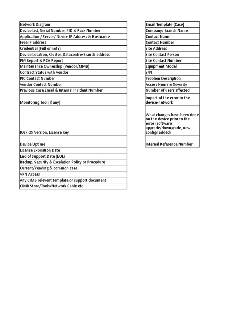 Information Gathering Template | Data Center | Computer Network