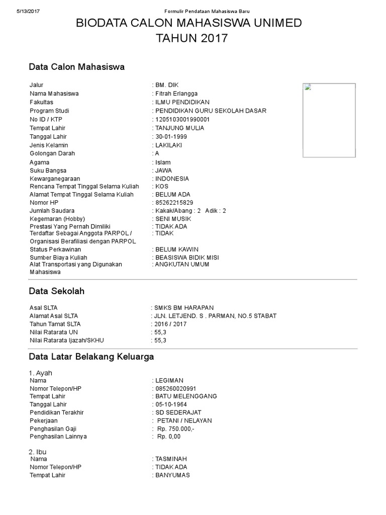 Formulir Pendataan Mahasiswa Baru | PDF