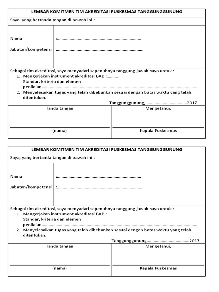 Lembar Komitmen Tim Akreditasi Puskesmas Tanggunggunung | PDF | Karier ...