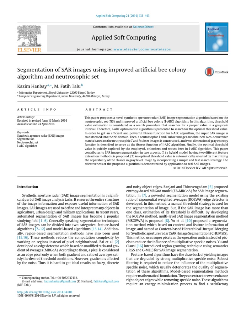 Segmentation of SAR Images Using Improved Artificial Bee Colony Algorithm and Neutrosophic Set ...