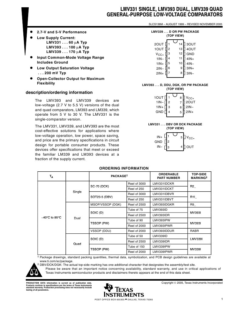 Lmv331 Single, Lmv393 Dual, Lmv339 Quad General-Purpose Low-Voltage ...