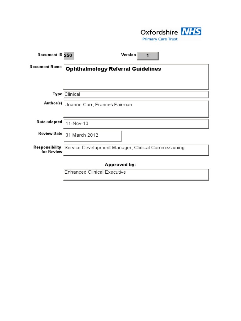Ophthalmology Referral Guidelines: Document ID