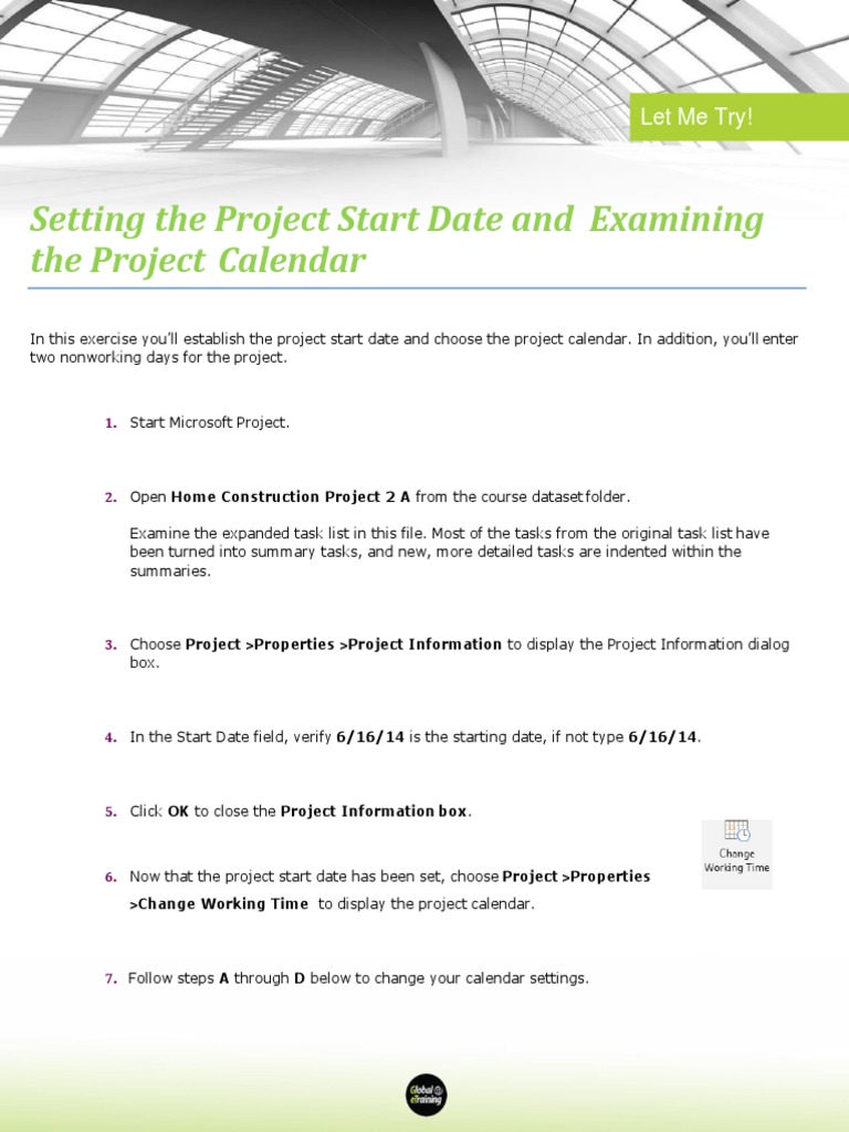 Setting The Project Start Date and Examining The Project Calendar | PDF