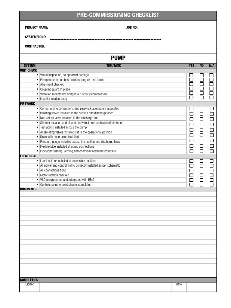 Pre-Commissioning Checklist: Project Name: Job No | PDF