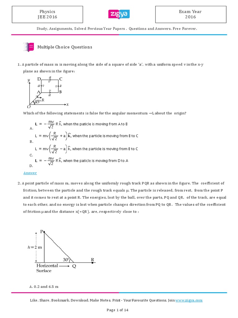 Multiple Choice Questions: Physics JEE 2016 Exam Year 2016 | PDF ...