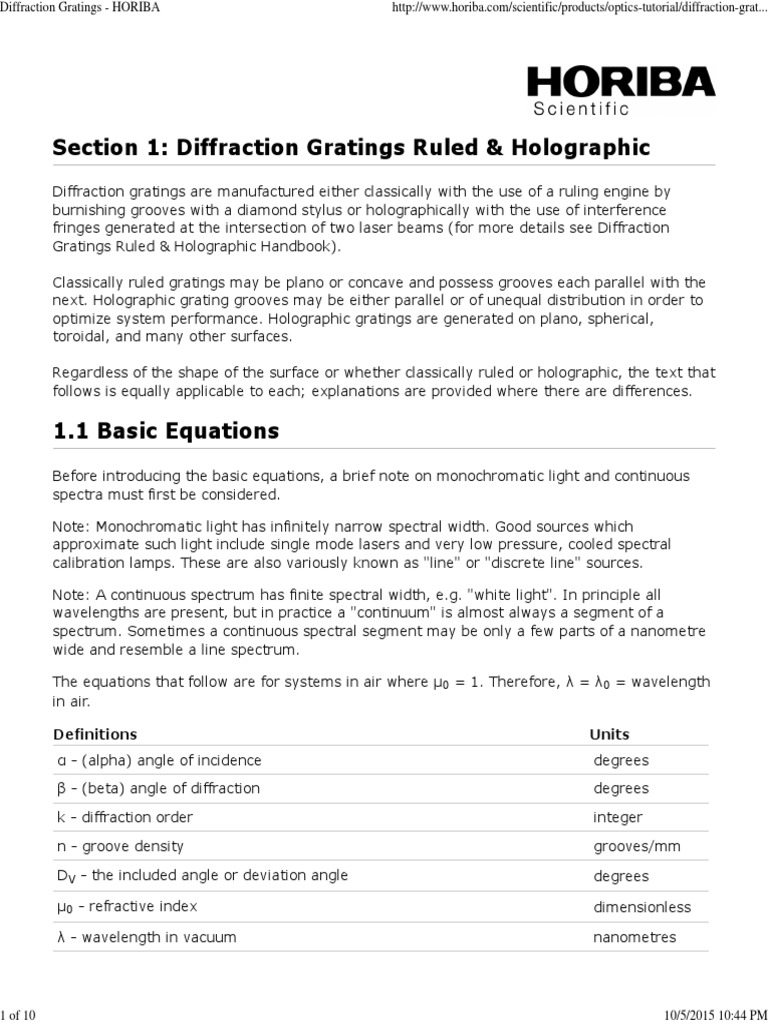 Diffraction Gratings - HORIBA | PDF | Angular Resolution | Diffraction