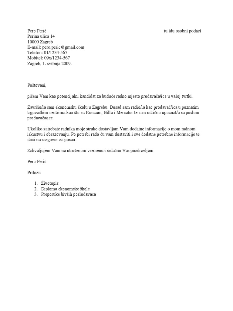 Primjer Otvorene Zamolbe Za Posao | PDF