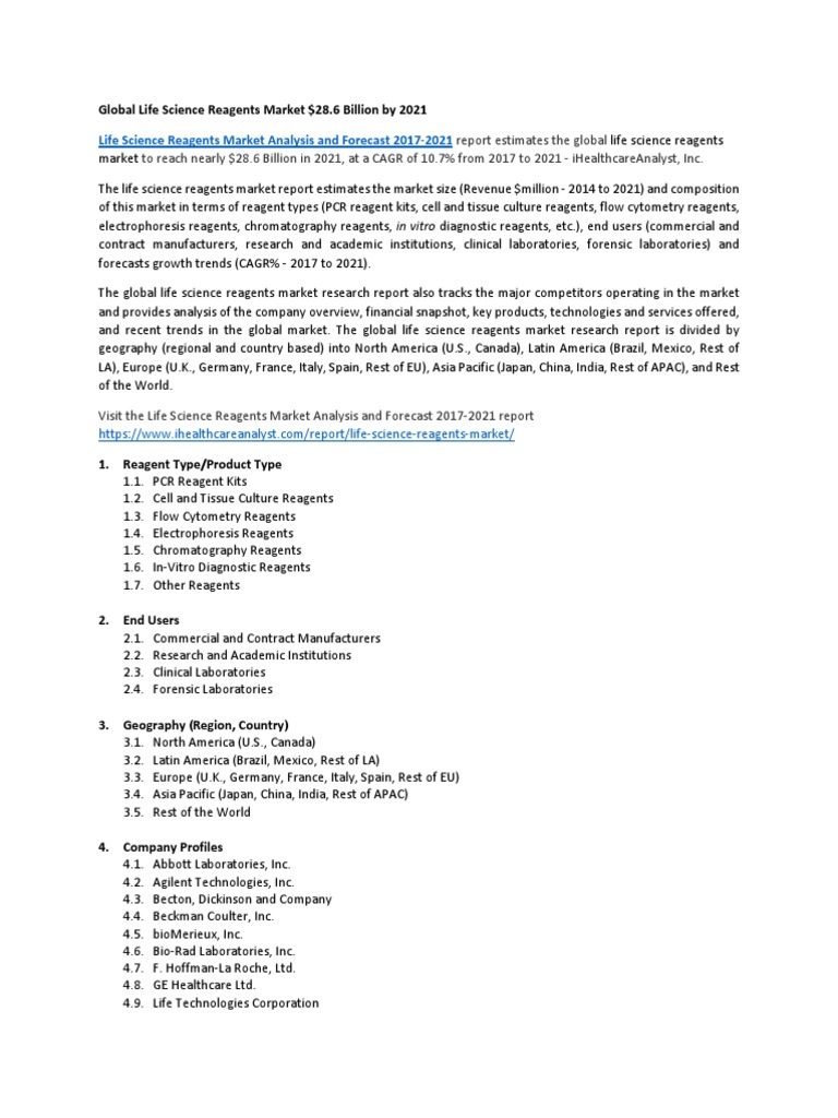Life Science Reagents Market 2021 Forecast | PDF | Health Care | The ...