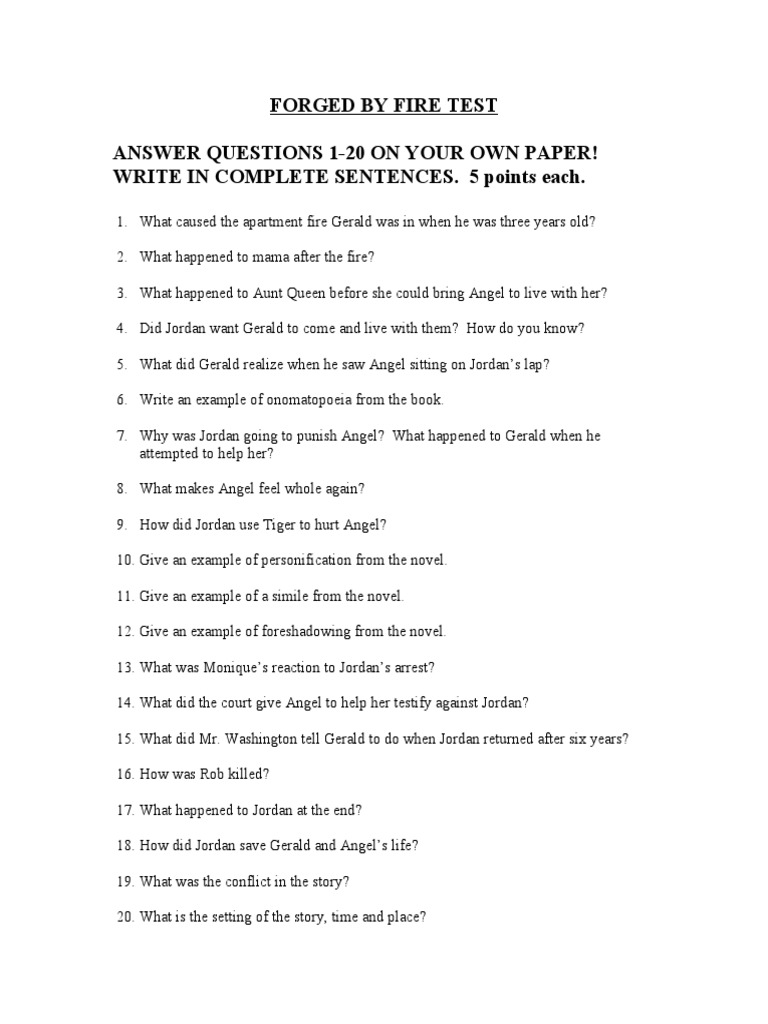 Forged by Fire Test Answer Questions 1-20 On Your Own Paper! Write in ...