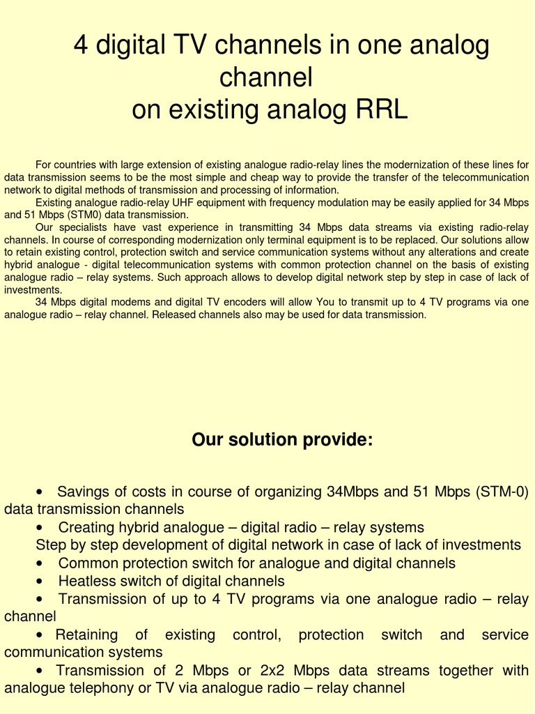 4 Digital TV Channels in One Analog Channel On Existing Analog RRL ...