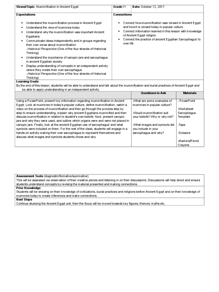 Lesson Plan Ancient Egypt Mummification | PDF | Mummy | Ancient Egypt