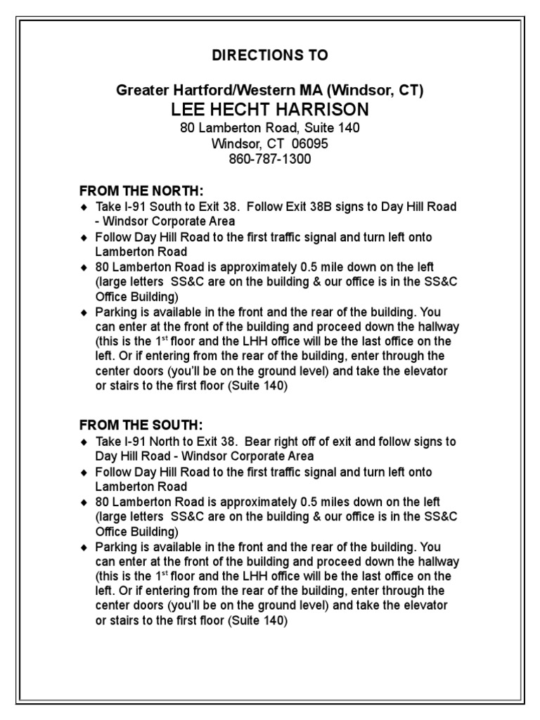 Directions to LHH Windsor, CT Office | PDF