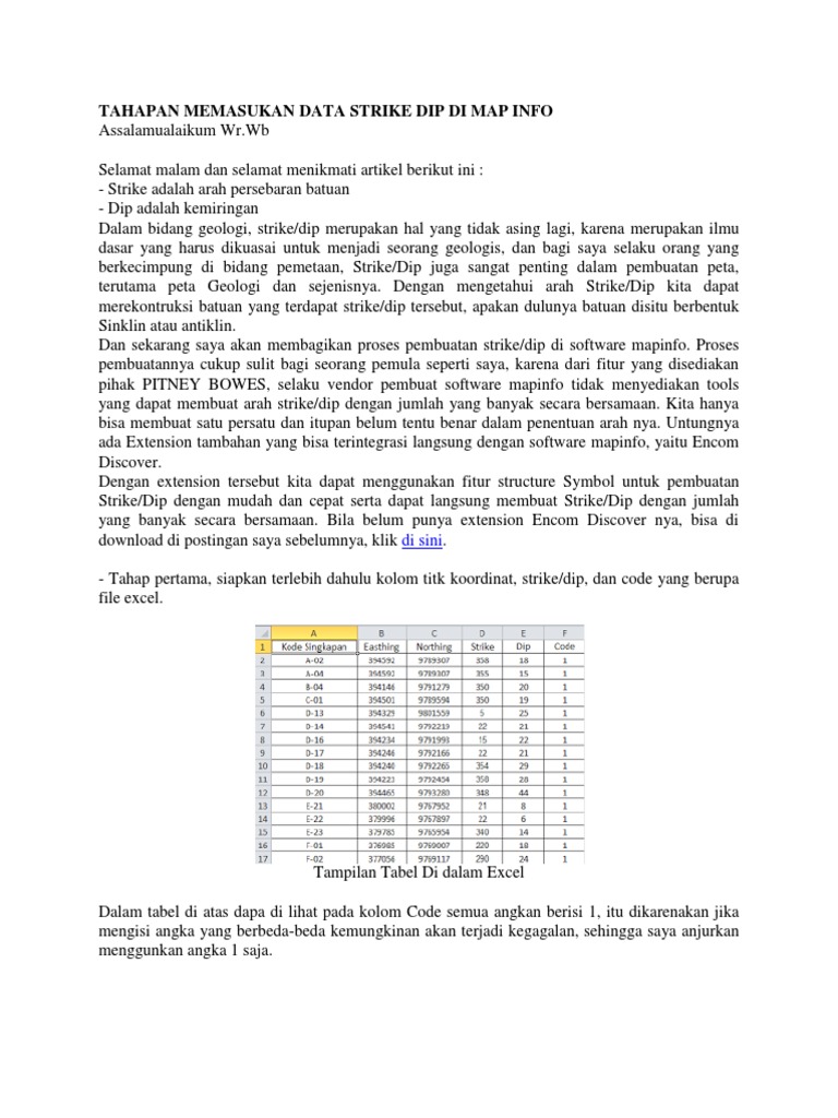 Tahapan Memasukan Data Strike Dip Di Map Info | PDF