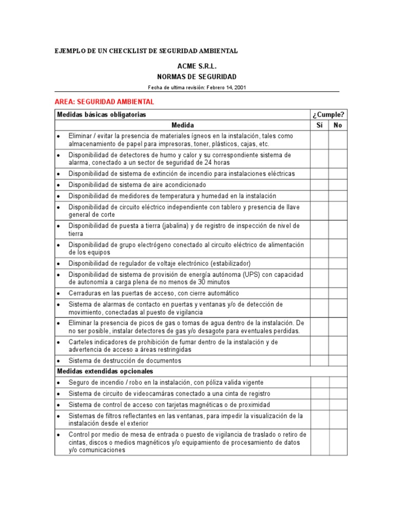Ejemplo Checklist de Seguridad Ambiental | PDF | Electricidad ...