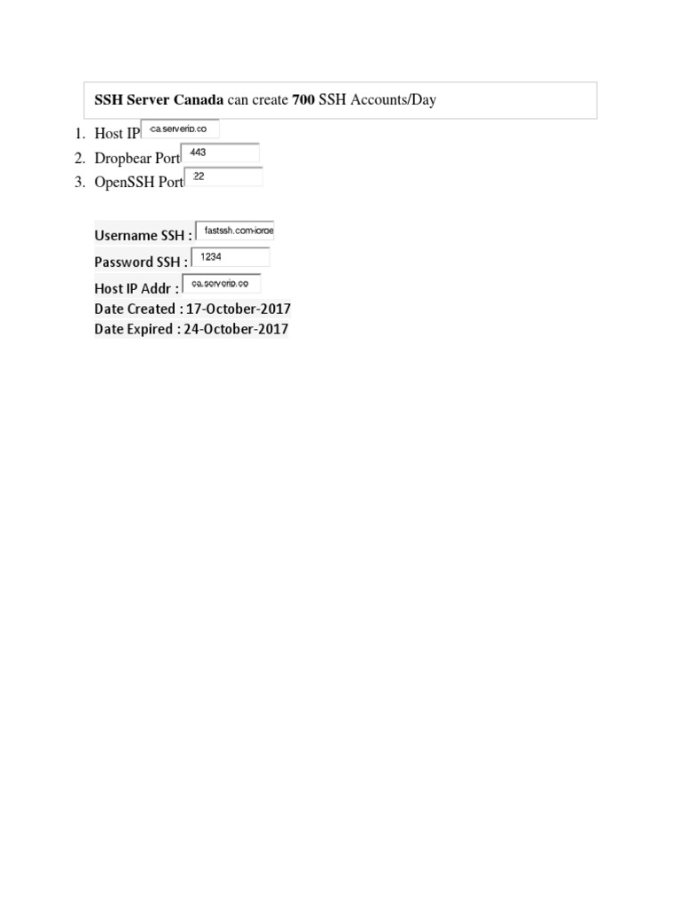 SSH Server Canada Can Create 700 SSH Accounts/Day: 1. Host Ip 2 ...