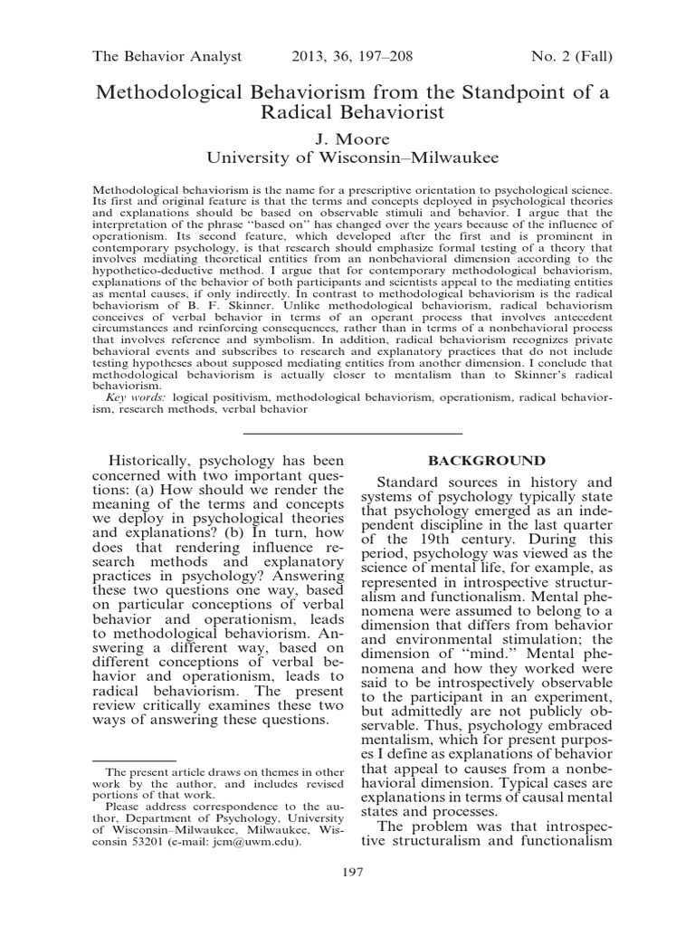 Methodological Behaviorism From The Standpoint of A Radical Behaviorist ...