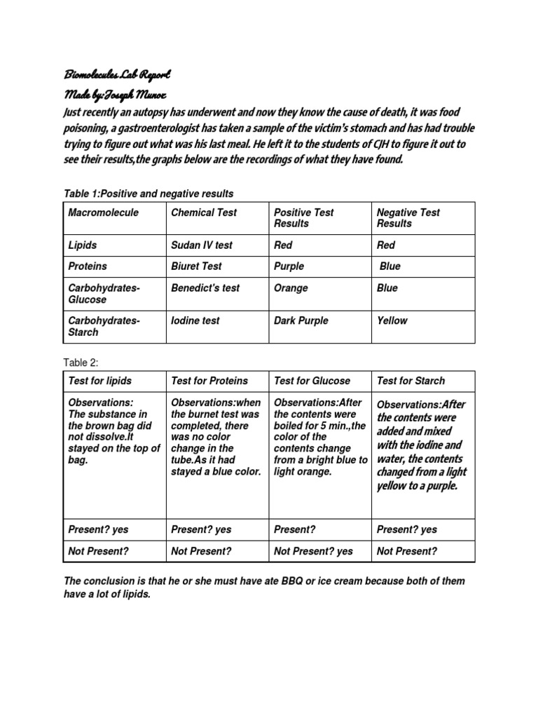 Biomolecule Lab Report-Joseph Munoz | PDF | Cooking, Food & Wine | Wellness