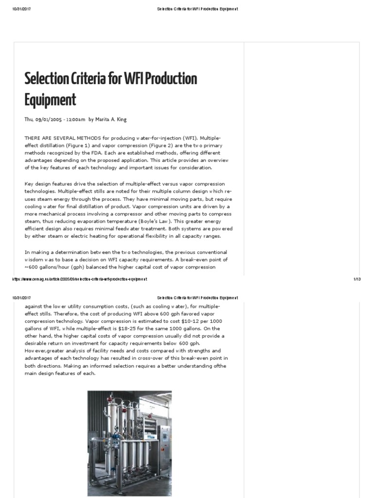 Selection Criteria For WFI Production Equipment | PDF | Steam ...