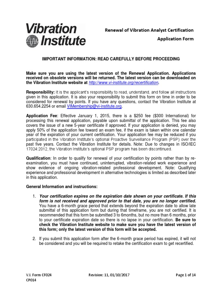 Renewal of Vibration Analyst Certification Application Form | PDF ...