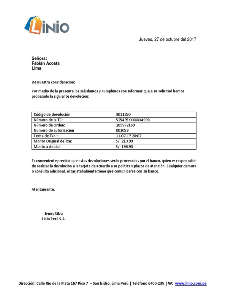 Carta de Extorno 209872169 | PDF
