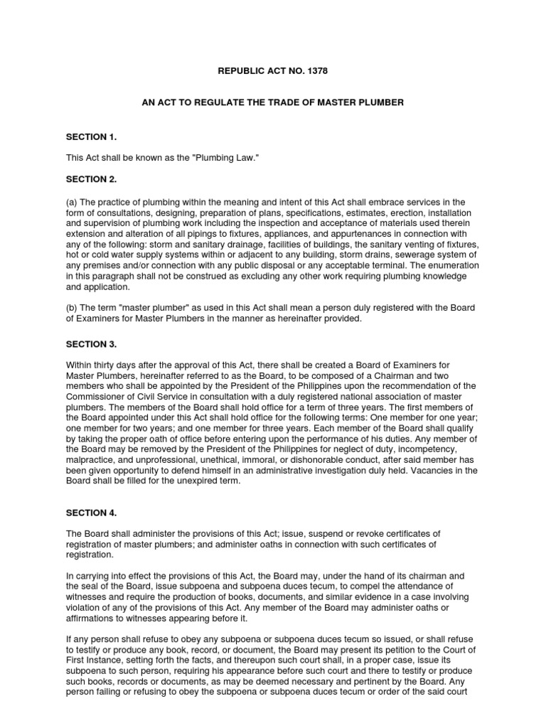 Plumbing - Republic Act 1378 | PDF | Plumbing | Sanitary Sewer