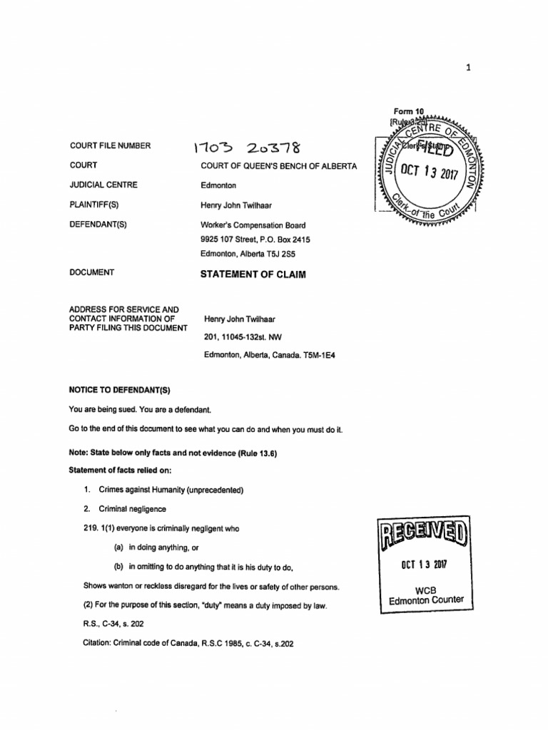 Statement of Claim Against WCB | PDF