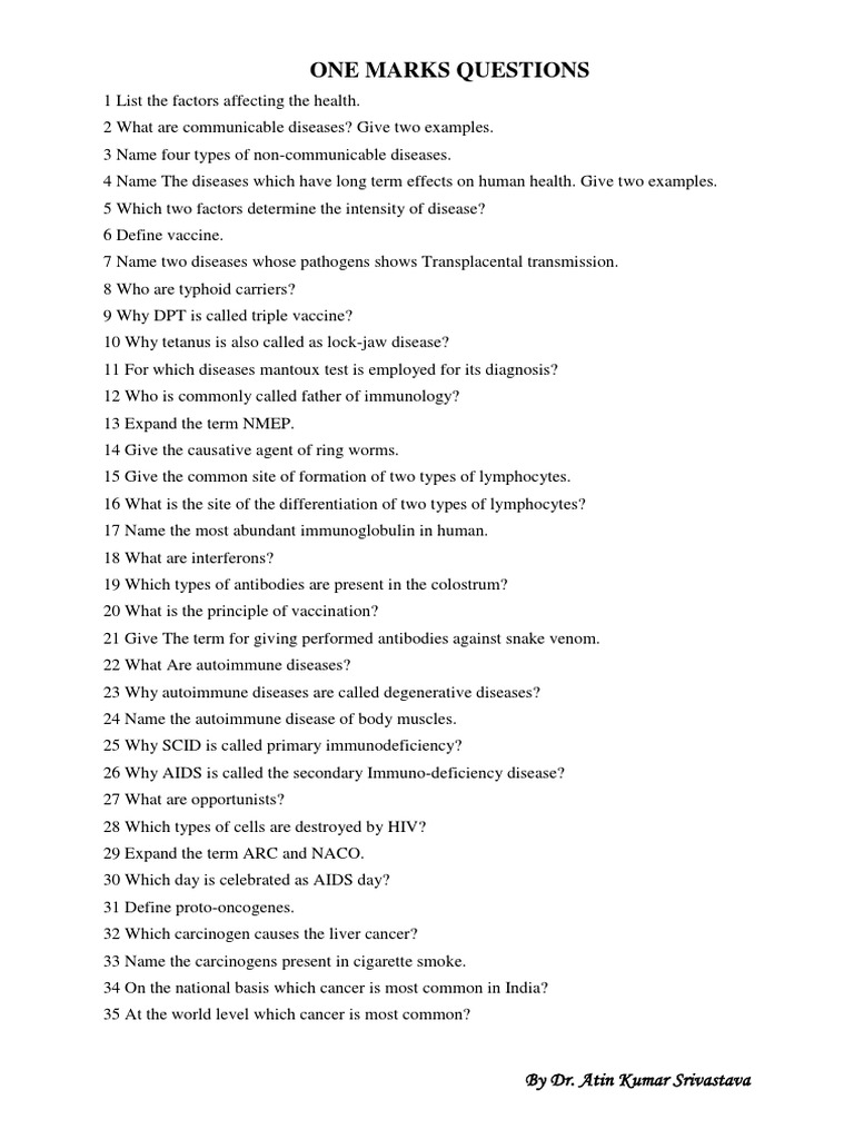 One Marks Questions on Health and Diseases | PDF | T Cell ...