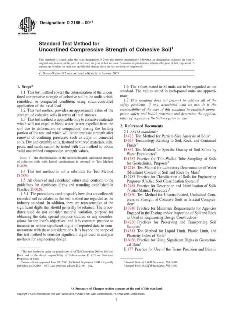 Unconfined Compressive Strength of Cohesive Soil: Standard Test Method ...