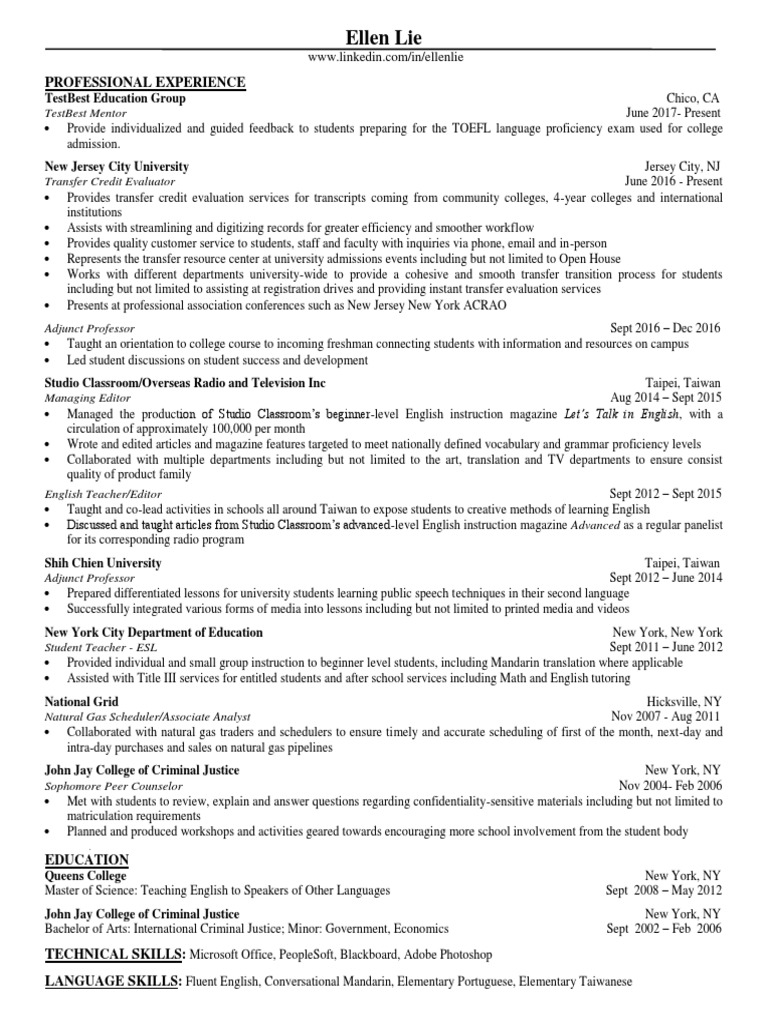 Ellen Lie Resume 2017 | PDF | English As A Second Or Foreign Language ...