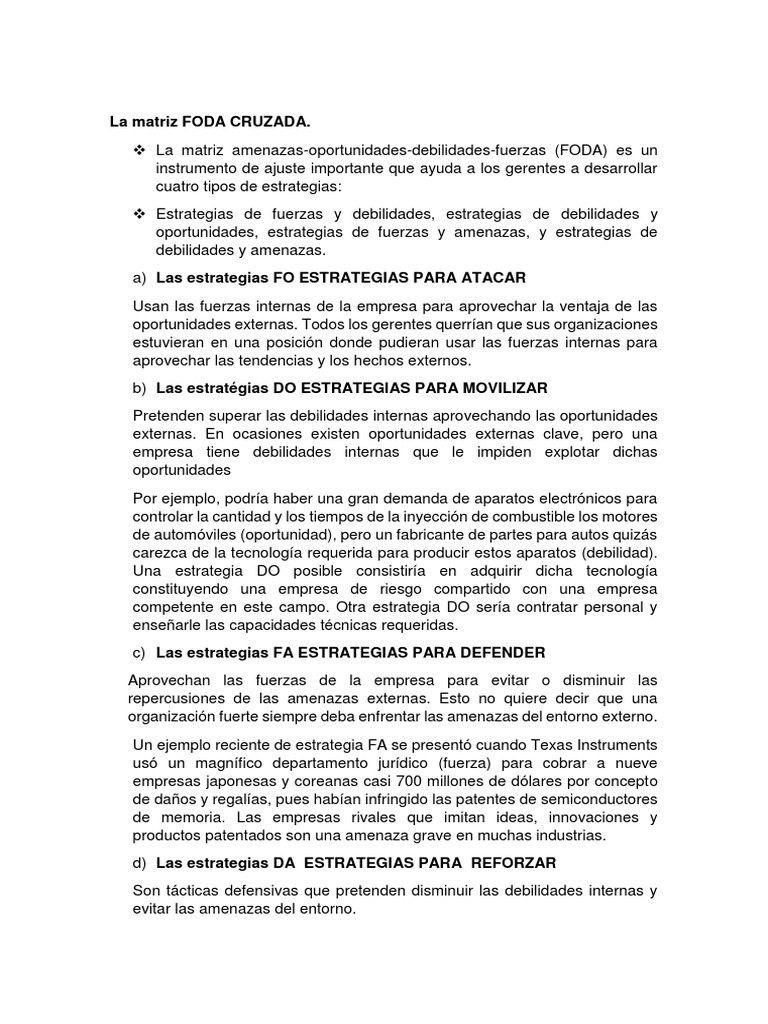 La Matriz Foda Cruzada | PDF | Análisis FODA | Business