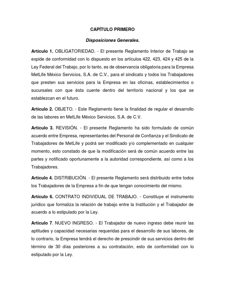 Ejemplo Reglamento Interior de Trabajo | Derecho laboral | Salario