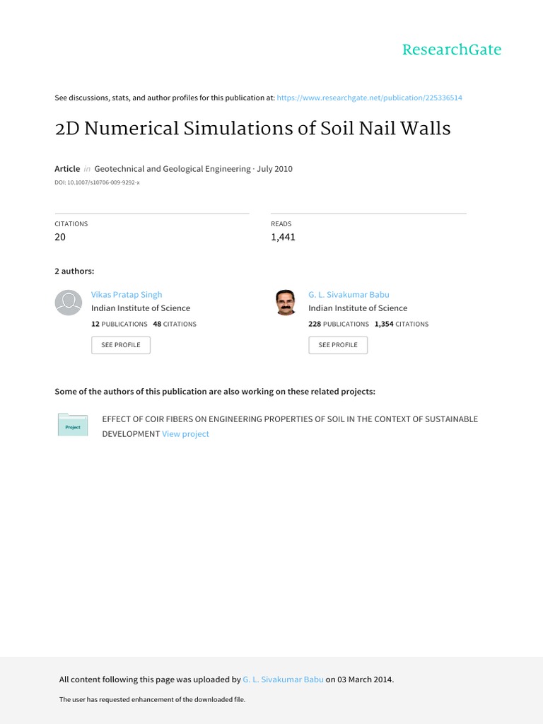 2D Numerical Simulations of Soil Nail Walls | PDF | Geotechnical Engineering | Bending