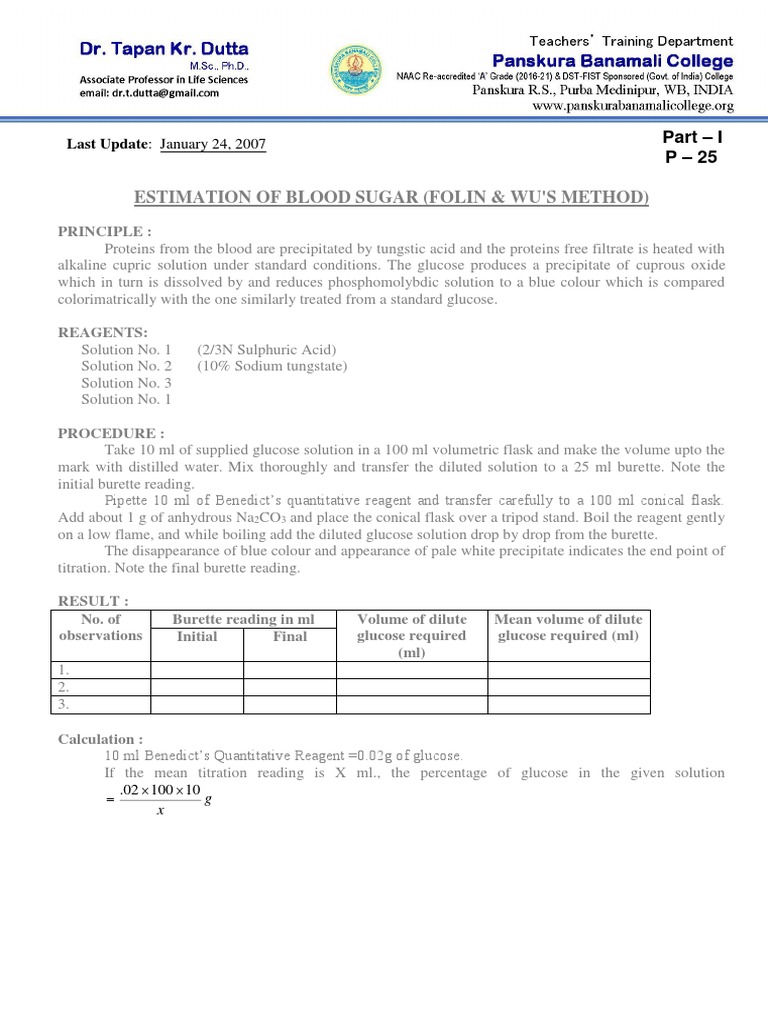 p - 21 Estimation of Blood Sugar (Folin & Wu's Method)