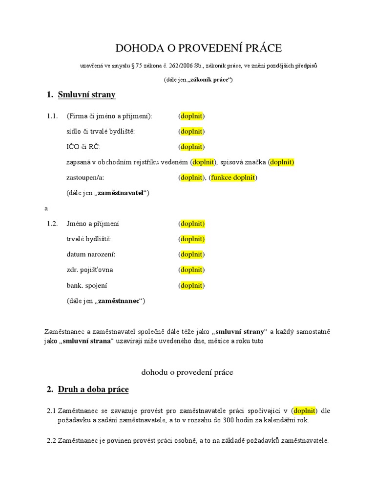 Vzor Dohody o Provedení Práce | PDF
