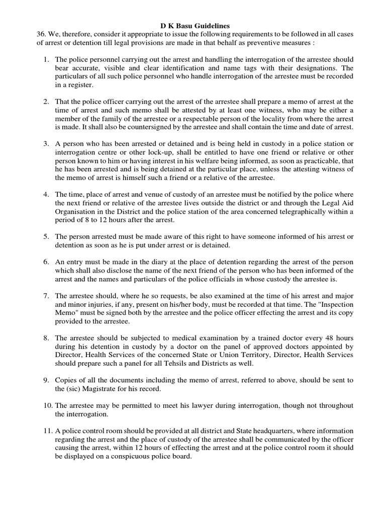 D K Basu Guidelines | PDF | Arrest | Detention (Imprisonment)