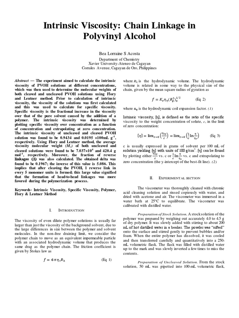 EXPT 11 Intrinsic Viscosity | PDF | Viscosity | Polymers