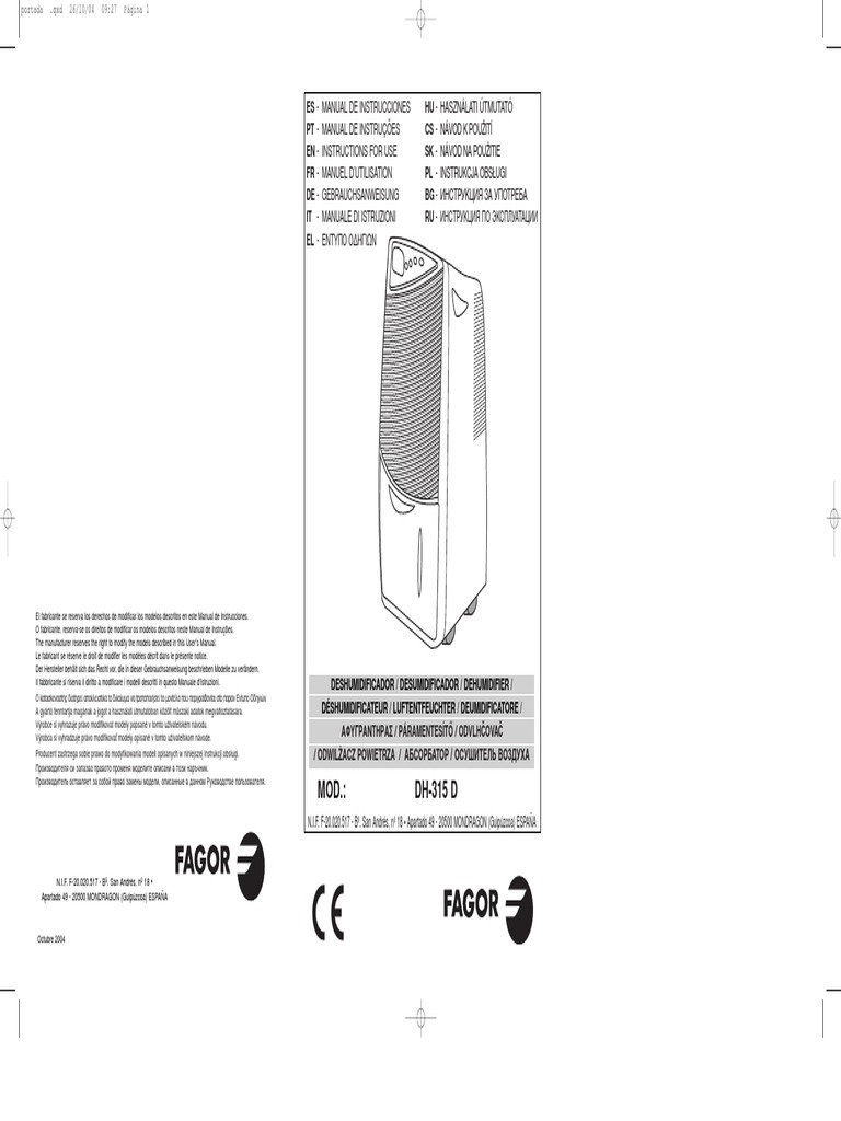 Deshumificador Fagor DH-315 | PDF | Humedad | Agua