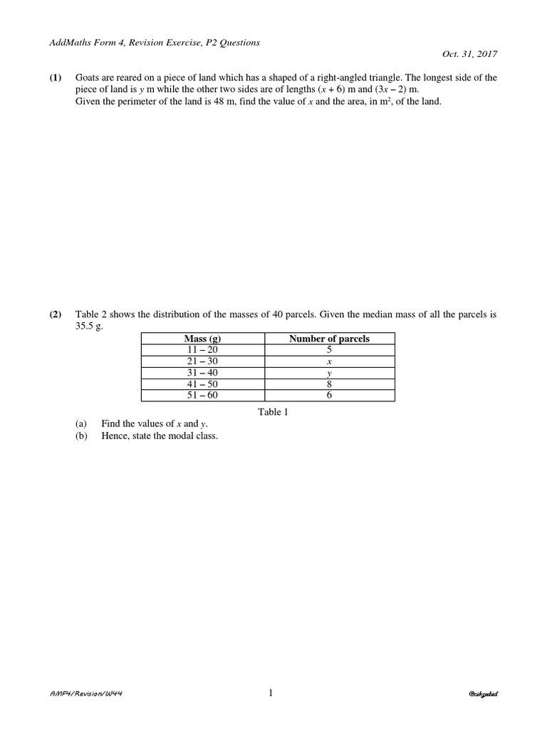 Addmaths Form 4, Revision Exercise, P2 Questions Oct. 31, 2017 | PDF ...