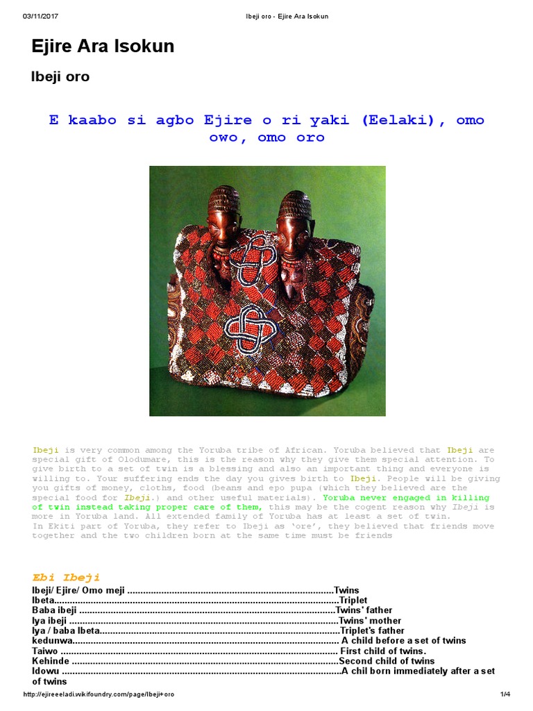Yoruba Twins: Ibeji Cultural Significance | PDF | Santería | Sibling