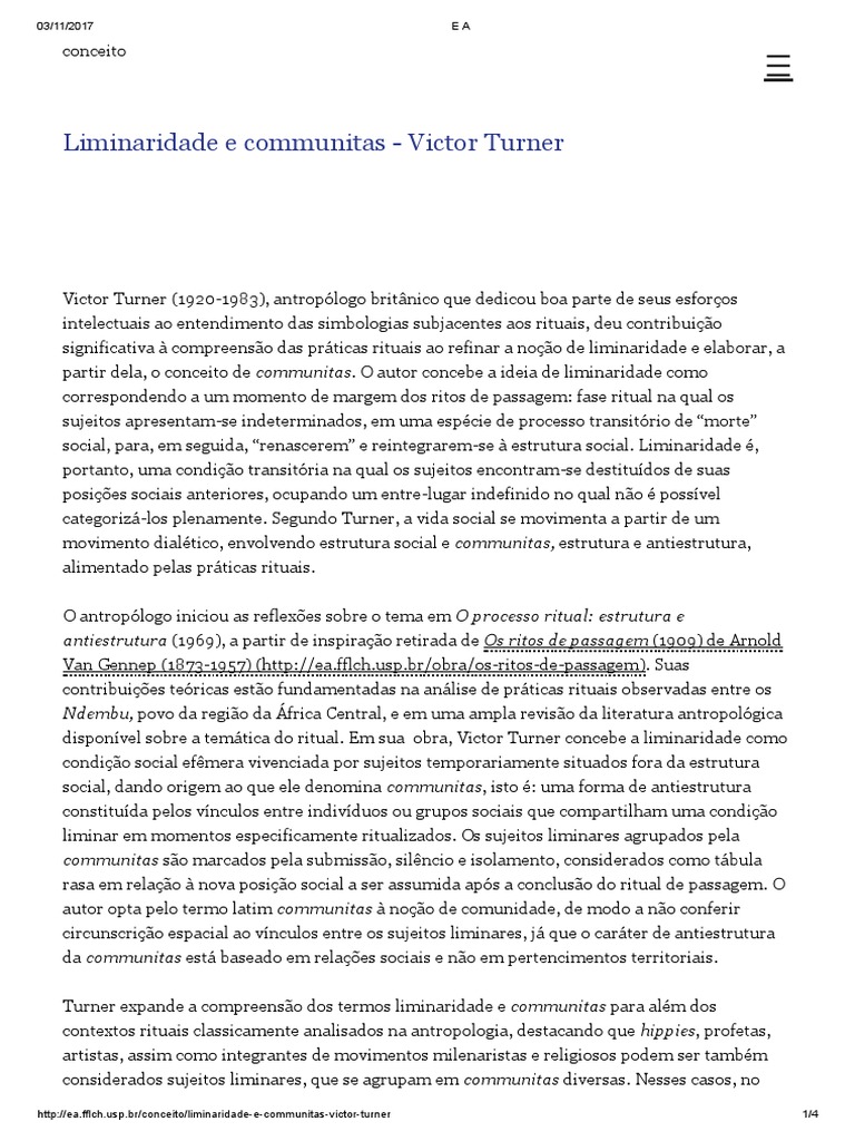 Liminaridade e Communitas em Turner | PDF | Rituais | Sociologia
