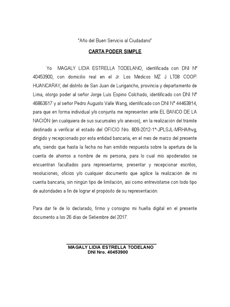 S-1. CARTA PODER SIMPLE - Magaly Estrella - Banco de La Nacion | PDF