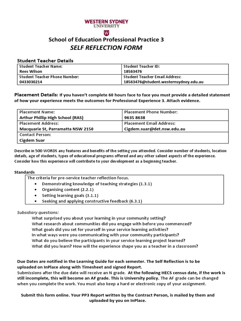 ras self reflection form | Service Learning | Teachers