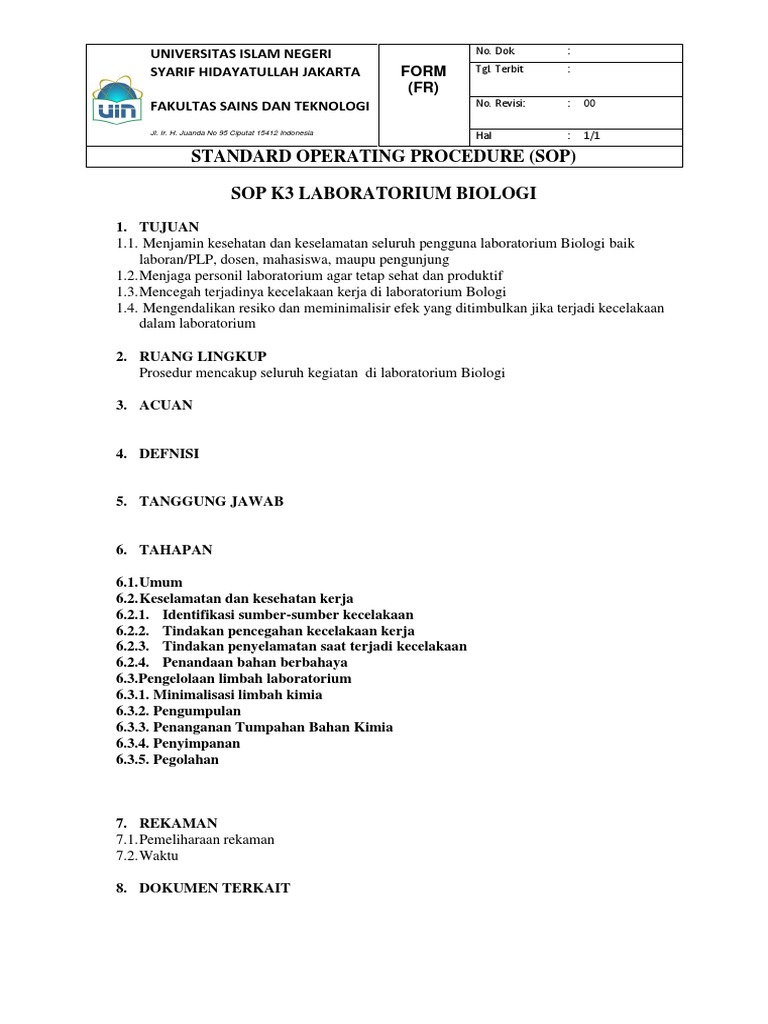 Sop k3 Laboratorium Biologi | PDF