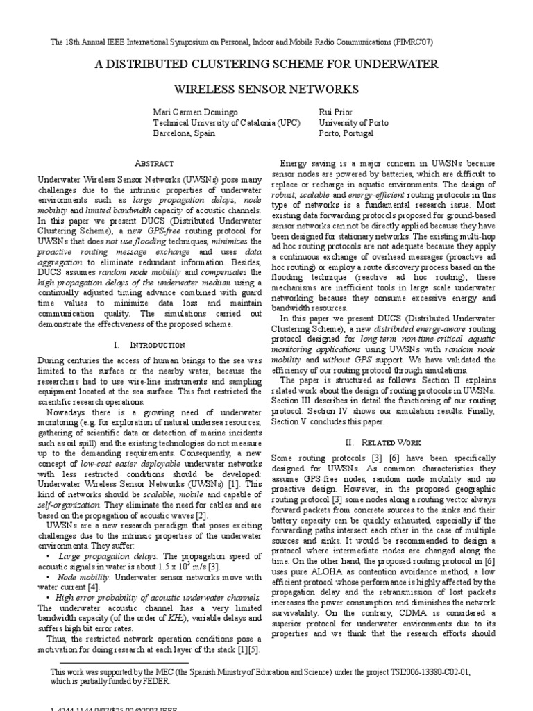 A Distributed Clustering Scheme For Underwater Wireless Sensor Networks Pdf Computer Network