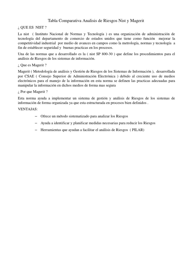 Tabla Comparativa Magerit - Nist | PDF | Instituto Nacional de ...