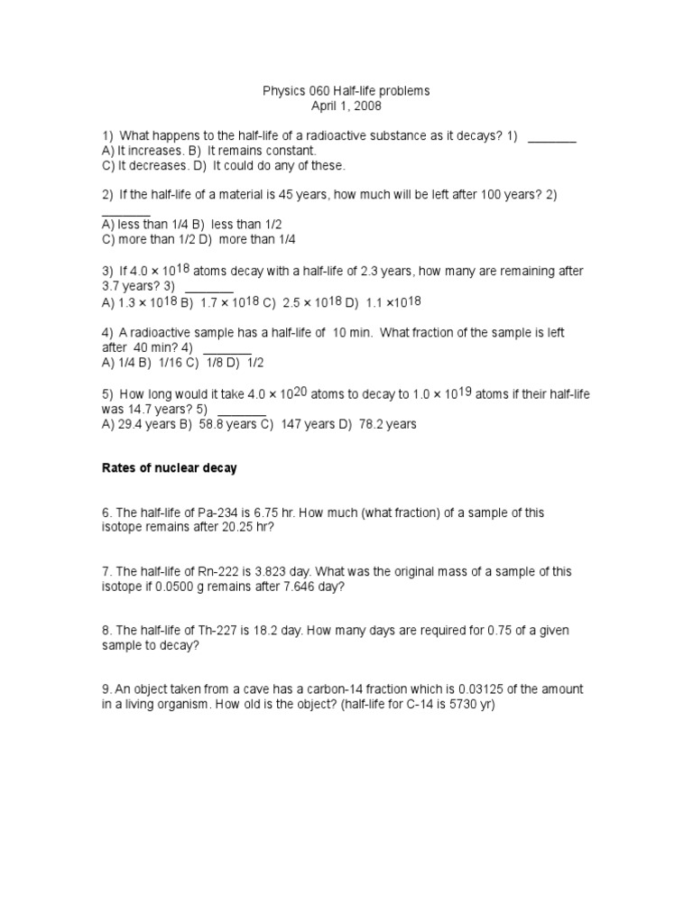 060 Half Life Worksheet | Radioactive Decay | Sets Of Chemical Elements