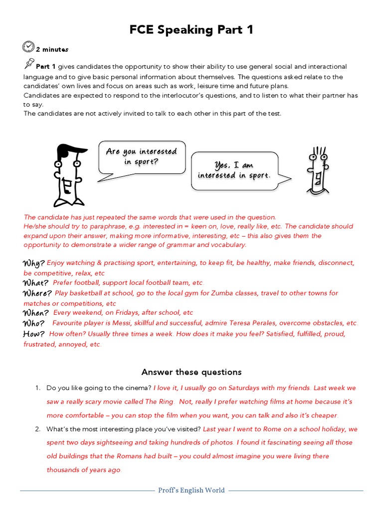 Fce Speaking Part 1 Teacher Pdf Vocabulary Speech