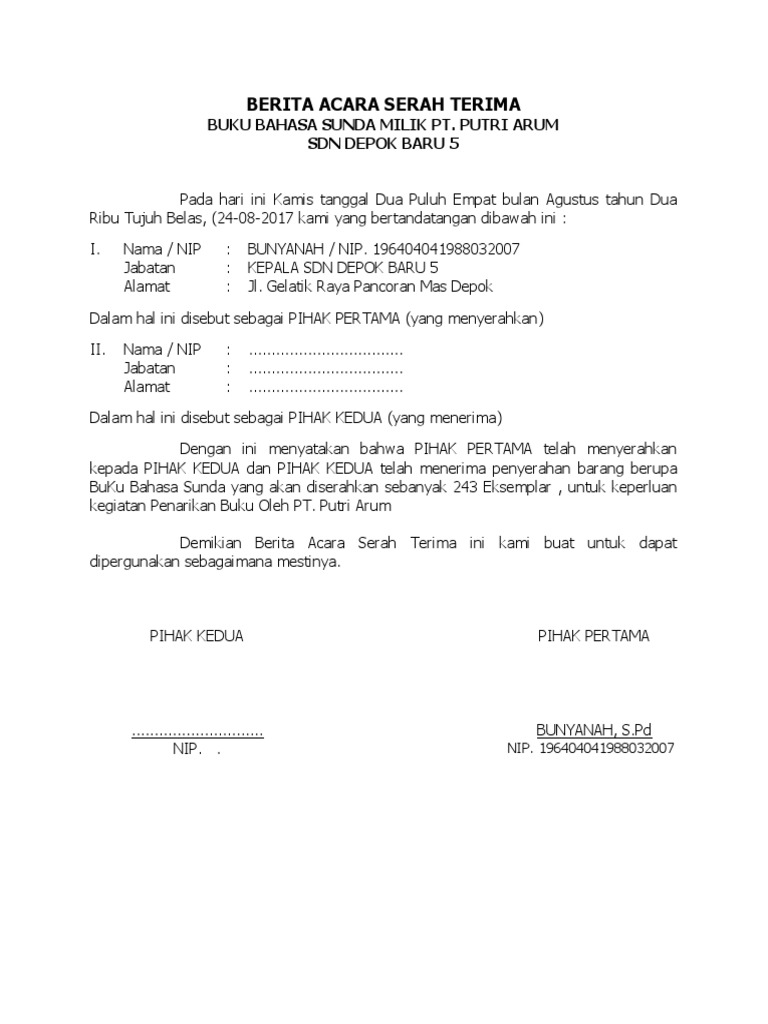 Berita Acara Serah Terima Buku Bahasa Sunda Putri Arum | PDF